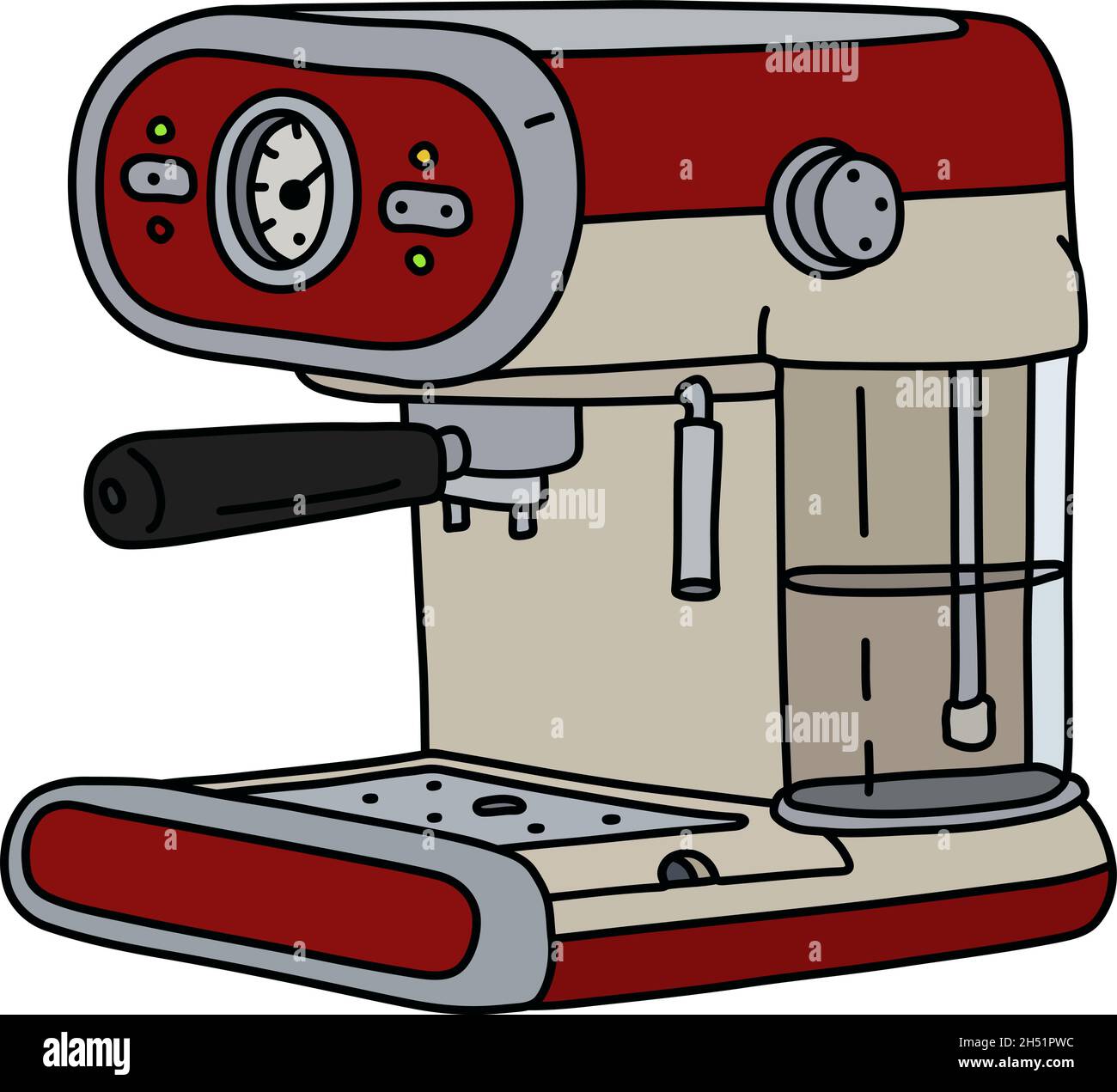 The vectorized hand drawing of a retro red and cream electric espresso ...