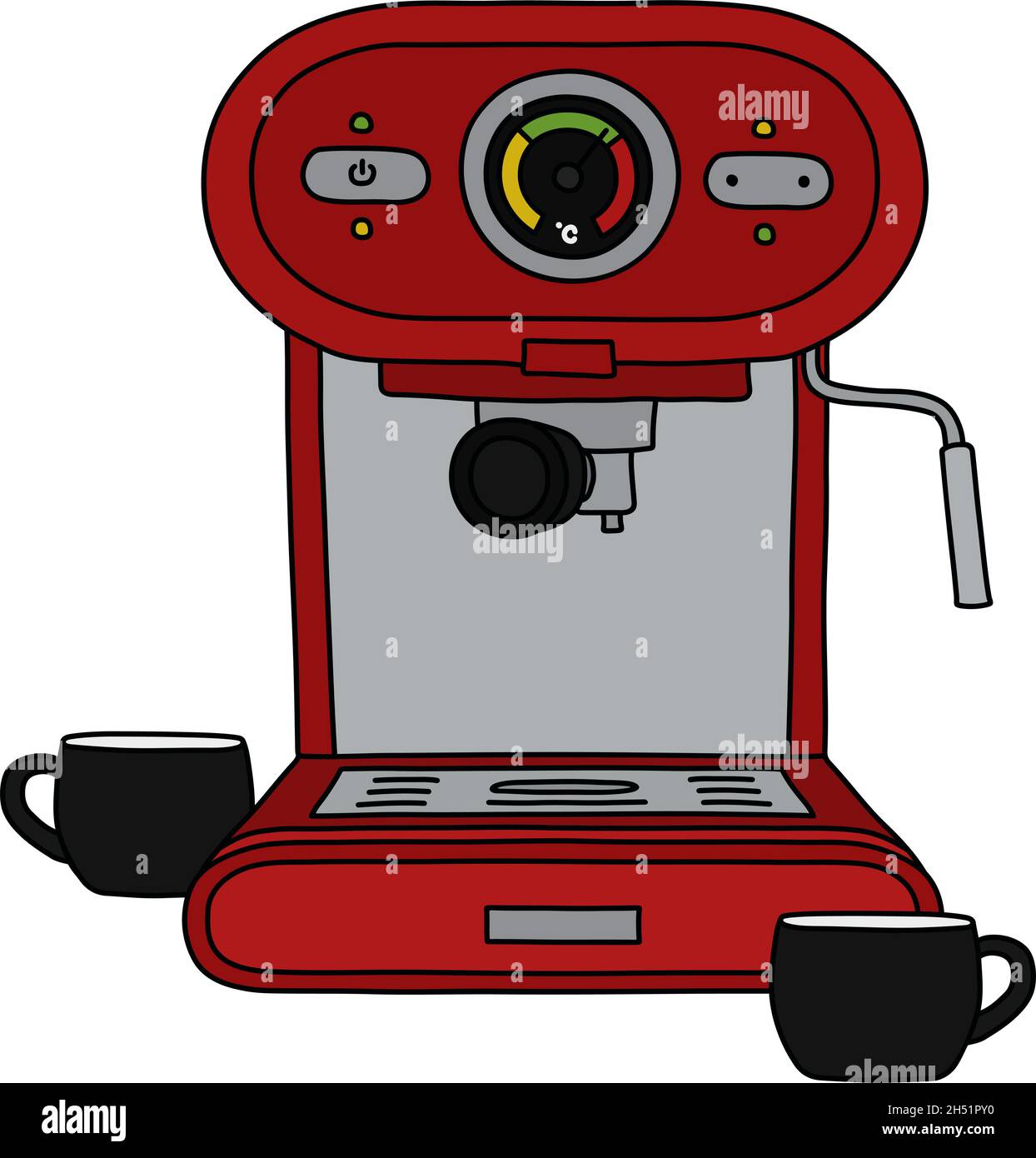 The vectorized hand drawing of a red electric espresso maker and two ...