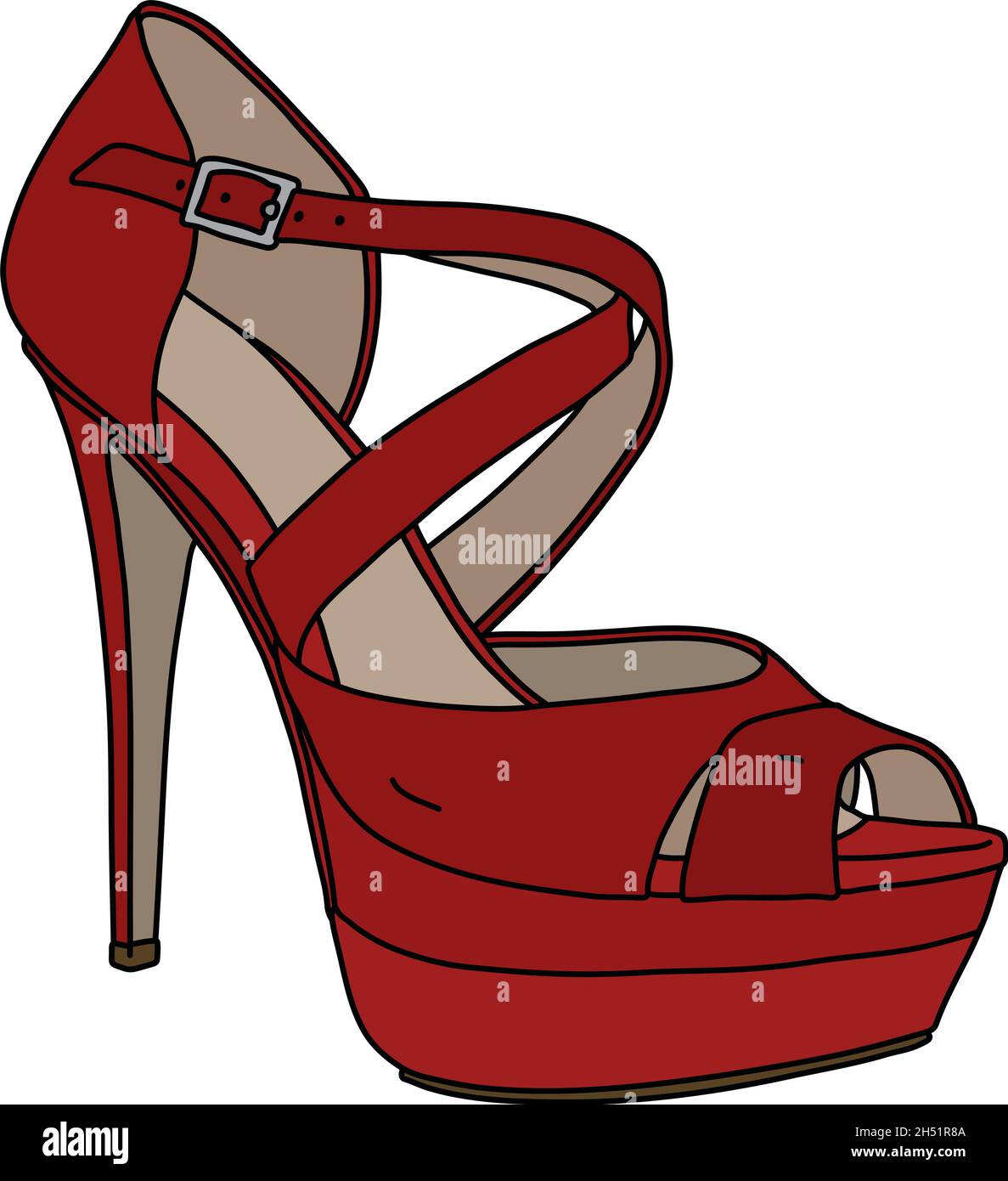 The vectorized hand drawing of a red womans strap shoe on high heel ...