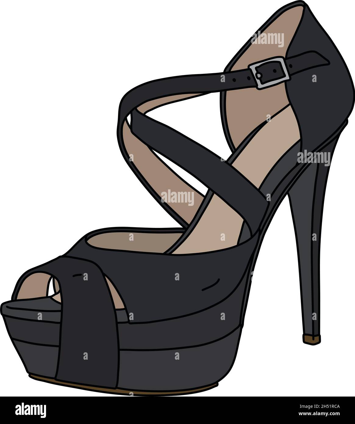 The vectorized hand drawing of a black womans strap shoe on high heel ...