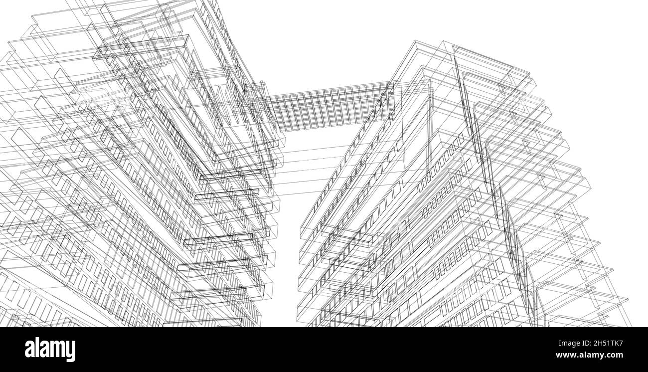 3D illustration architecture building perspective lines, modern urban ...