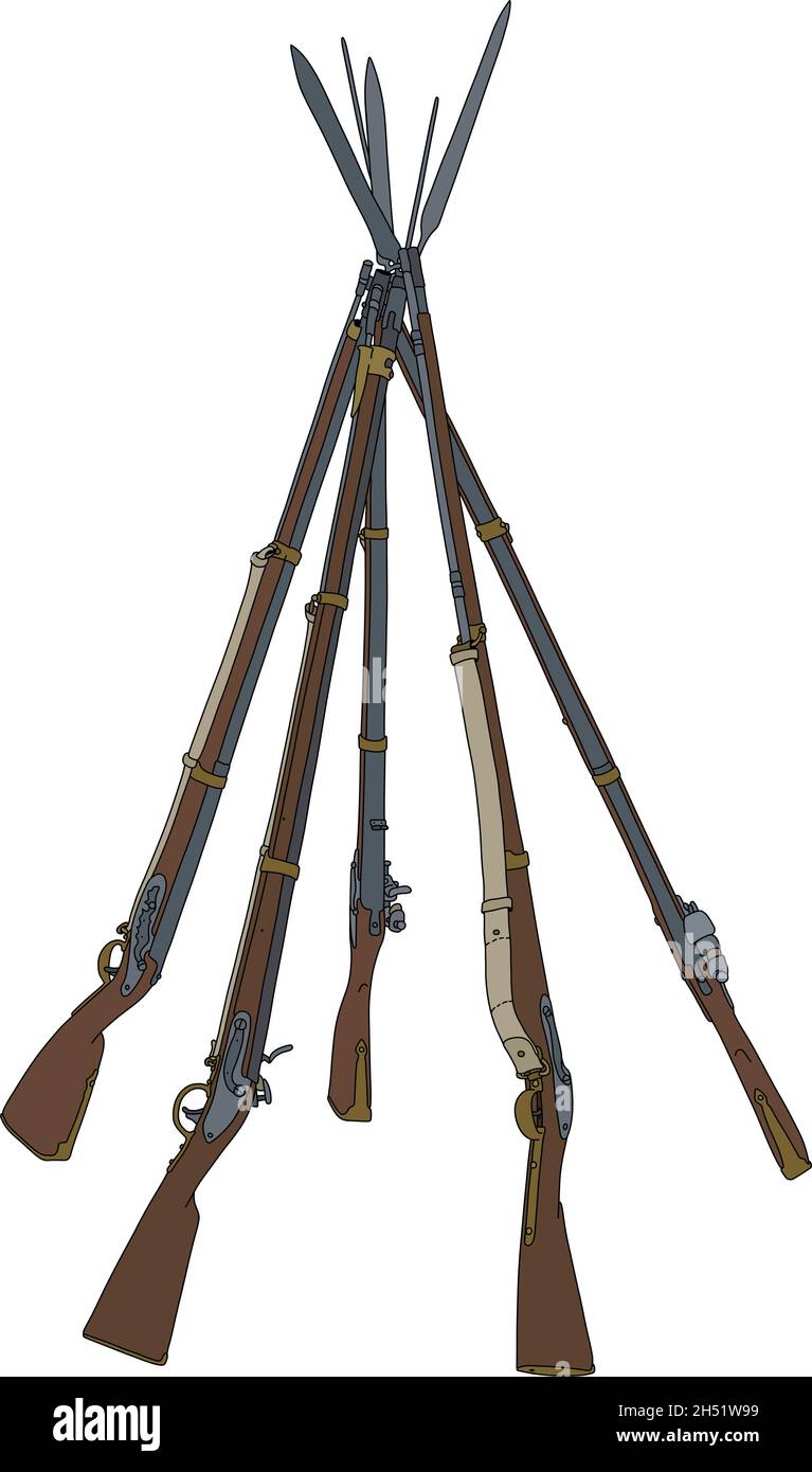 The hand drawing of five vintage military rifles built into the pyramid ...