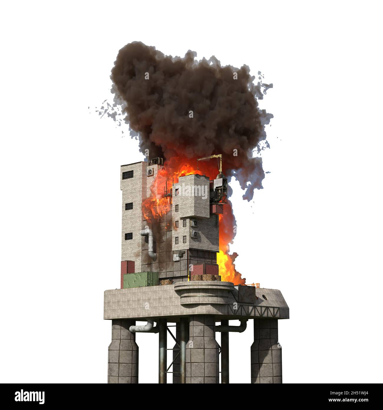 3D illustration ruined building in flames isolated on white Stock Photo ...