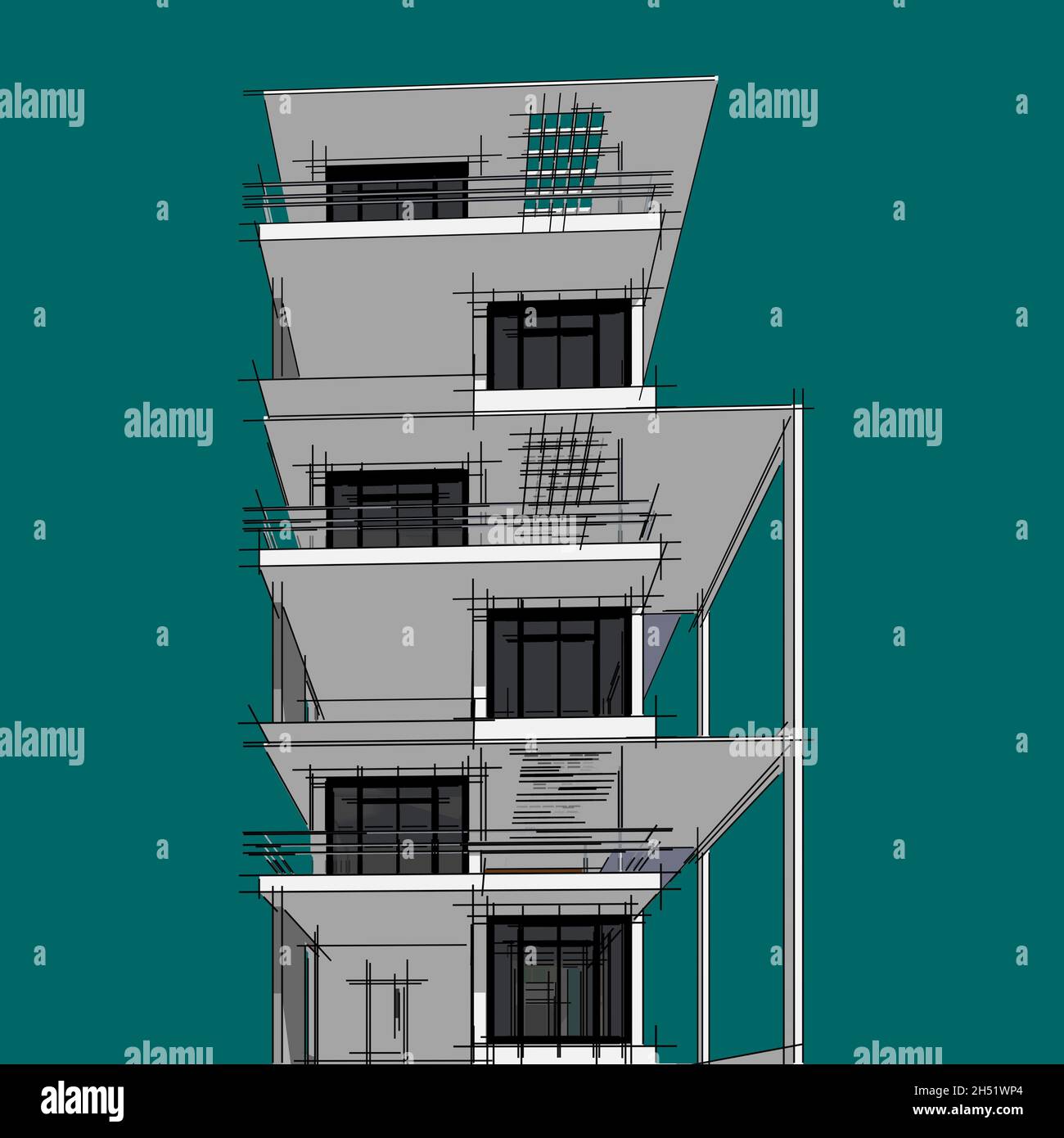 3D illustration architecture building perspective lines, modern urban ...