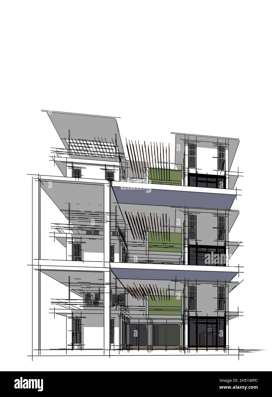 3D illustration architecture building perspective lines, modern urban ...