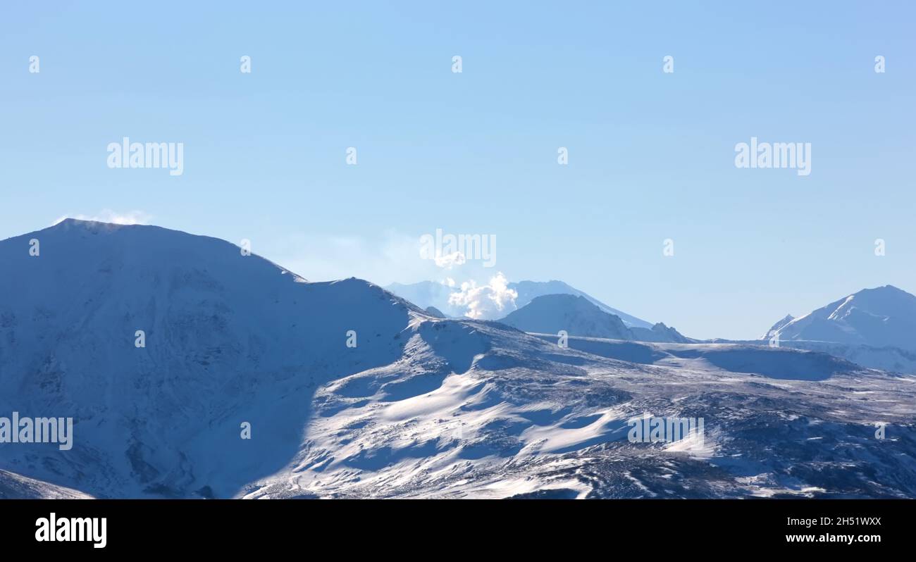 Blurred view of Mutnovsky Volcano landscape of Kamchatka Peninsula ...