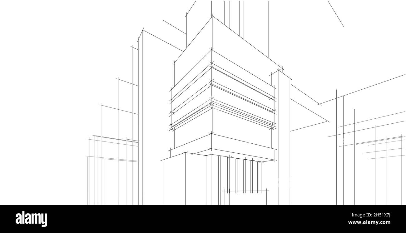 3D illustration architecture building perspective lines, modern urban ...