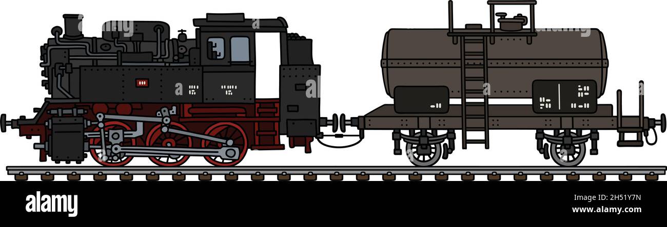 The vectorized hand drawing of a vintage black steam locomotive and ...