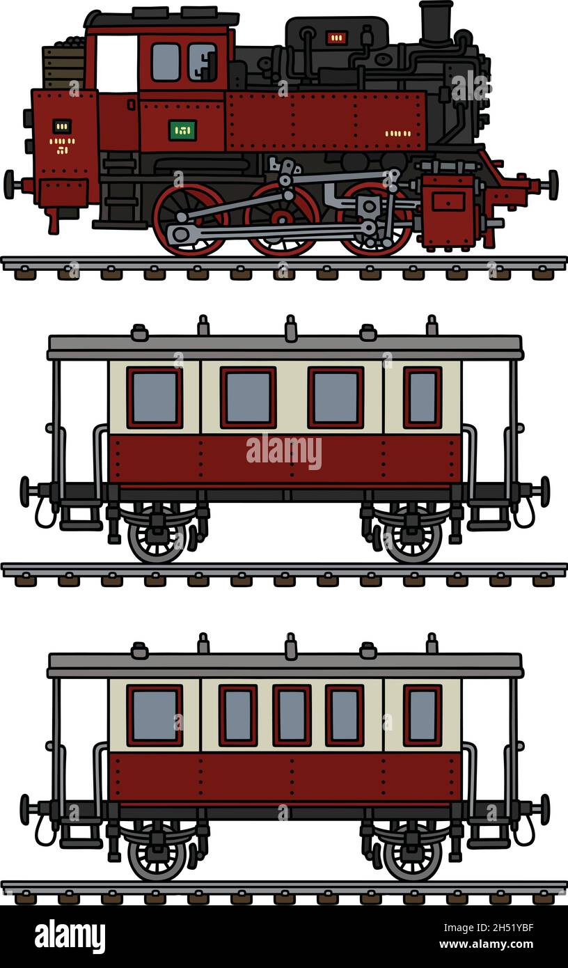 The vectorized hand drawing of a vintage red passenger steam train ...