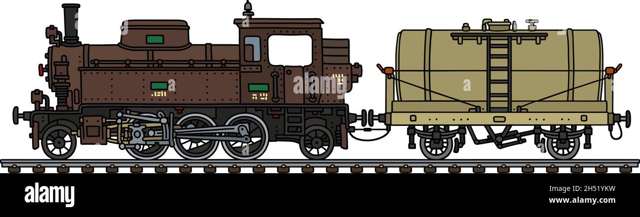 The vectorized hand drawing of a vintage brown steam locomotive and a ...