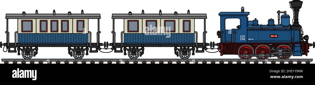 The vectorized hand drawing of a vintage blue personal small steam ...