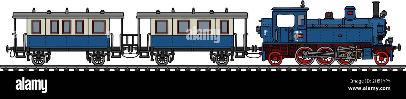 The vectorized hand drawing of a vintage blue passenger steam train ...