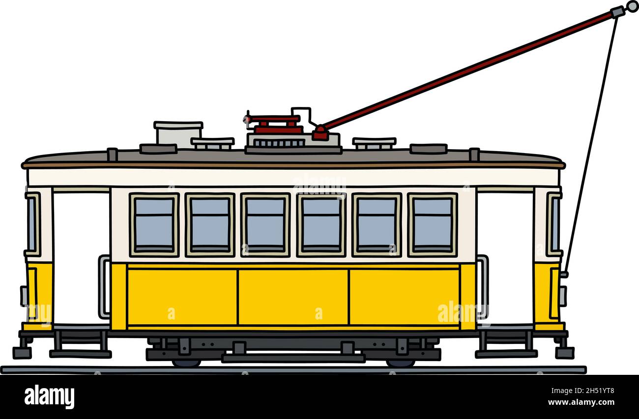 The vectorized hand drawing of a retro yellow and white tramway Stock ...