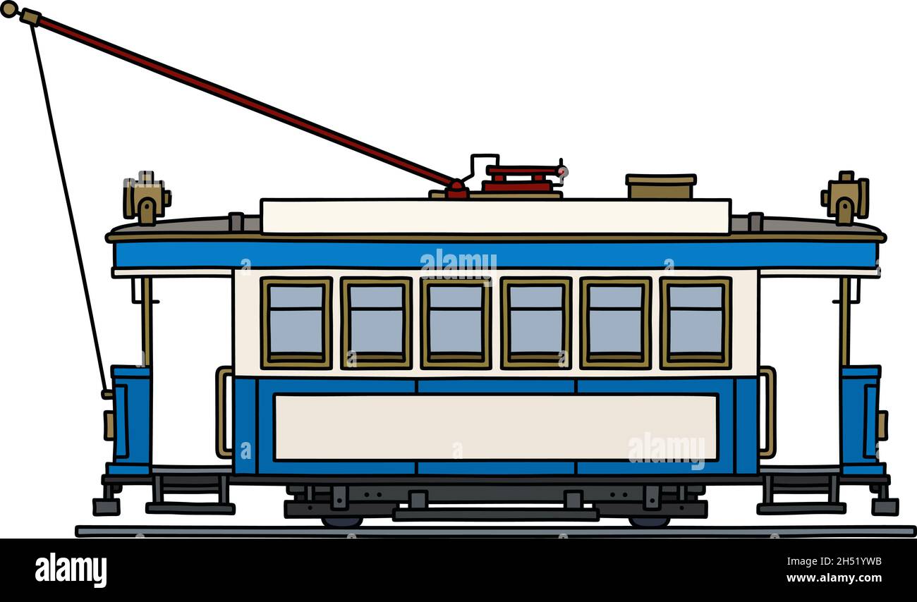 The vectorized hand drawing of a classic blue and white tramway Stock ...