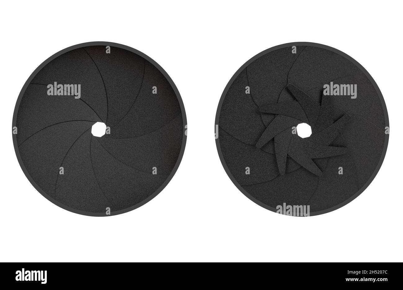 Camera lens aperture diaphragm. Front and back, big close-up. Closed ...
