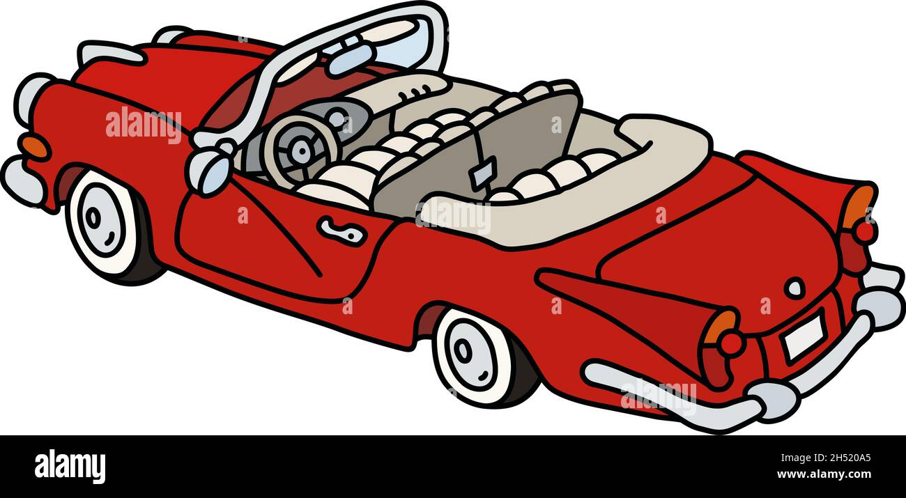 The vectorized hand drawing of a funny old red american convertible ...