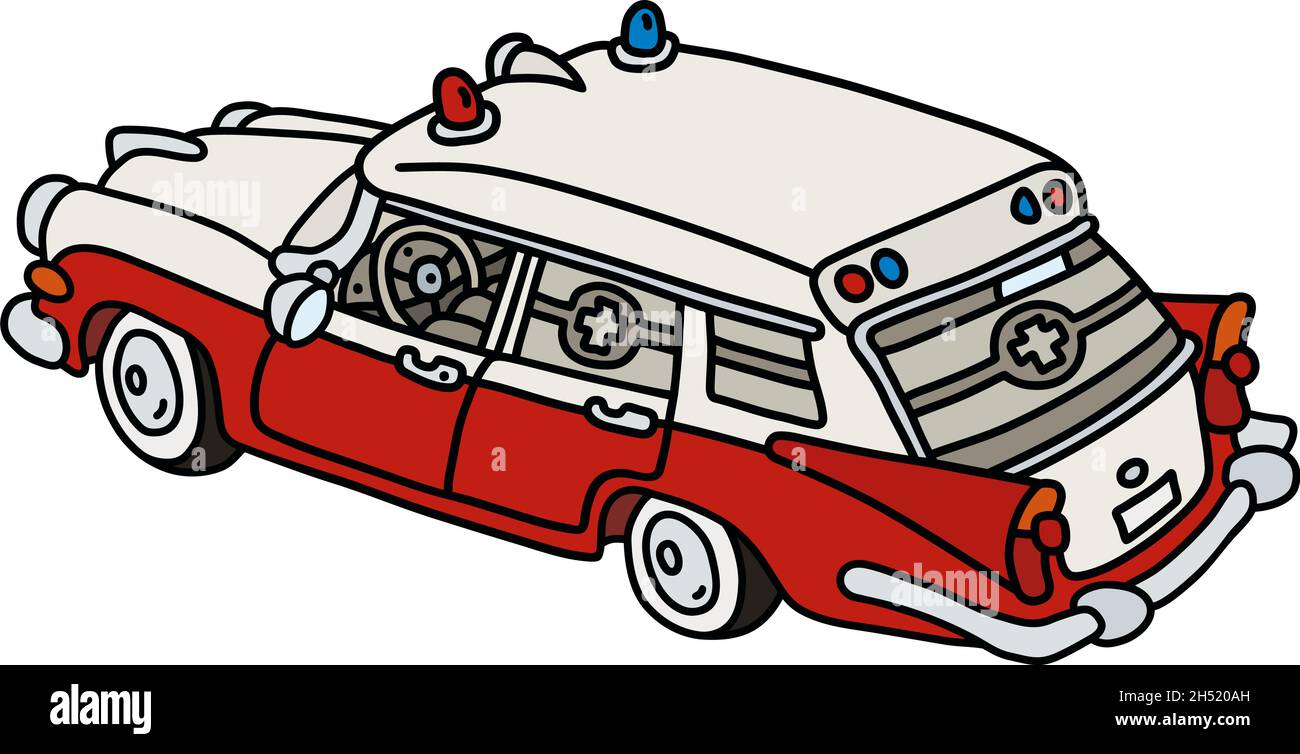 The vectorized hand drawing of a funny old red and white ambulance ...