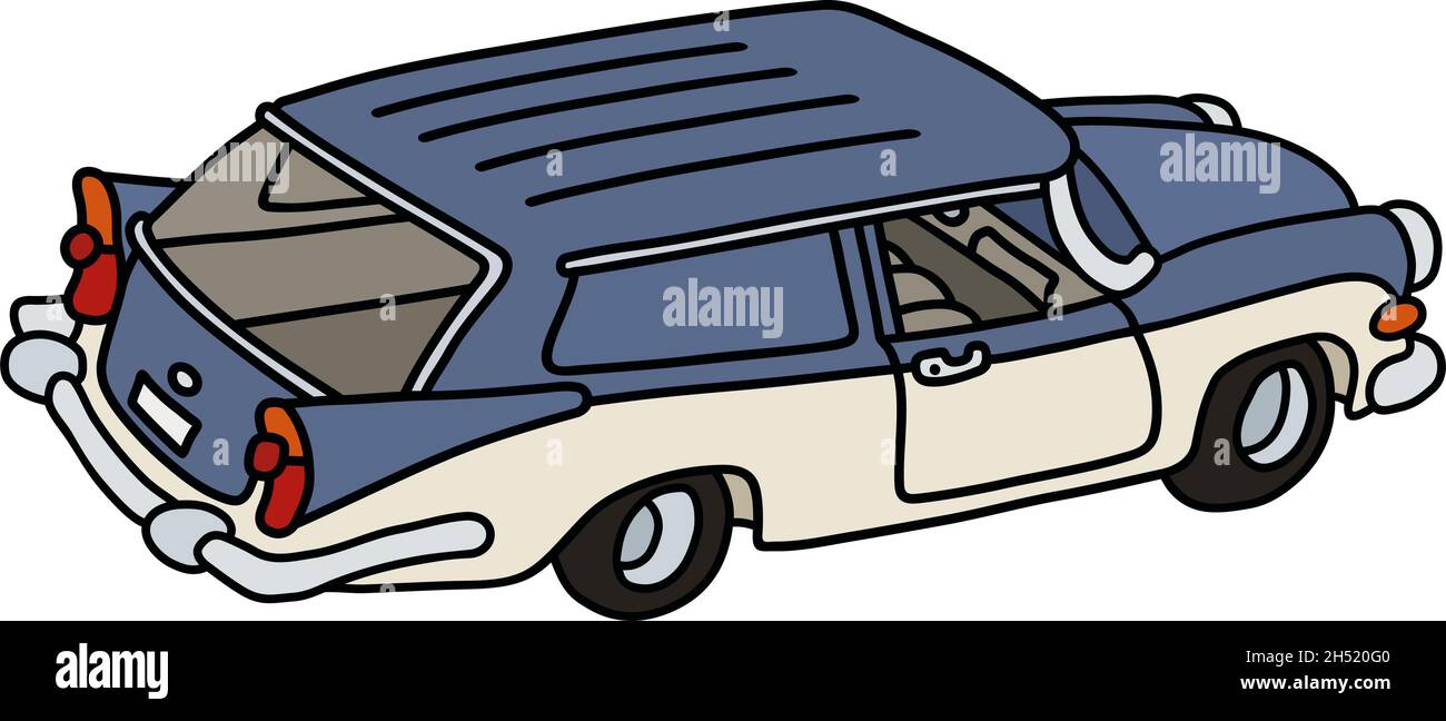 The vectorized hand drawing of a funny old blue and white station wagon ...