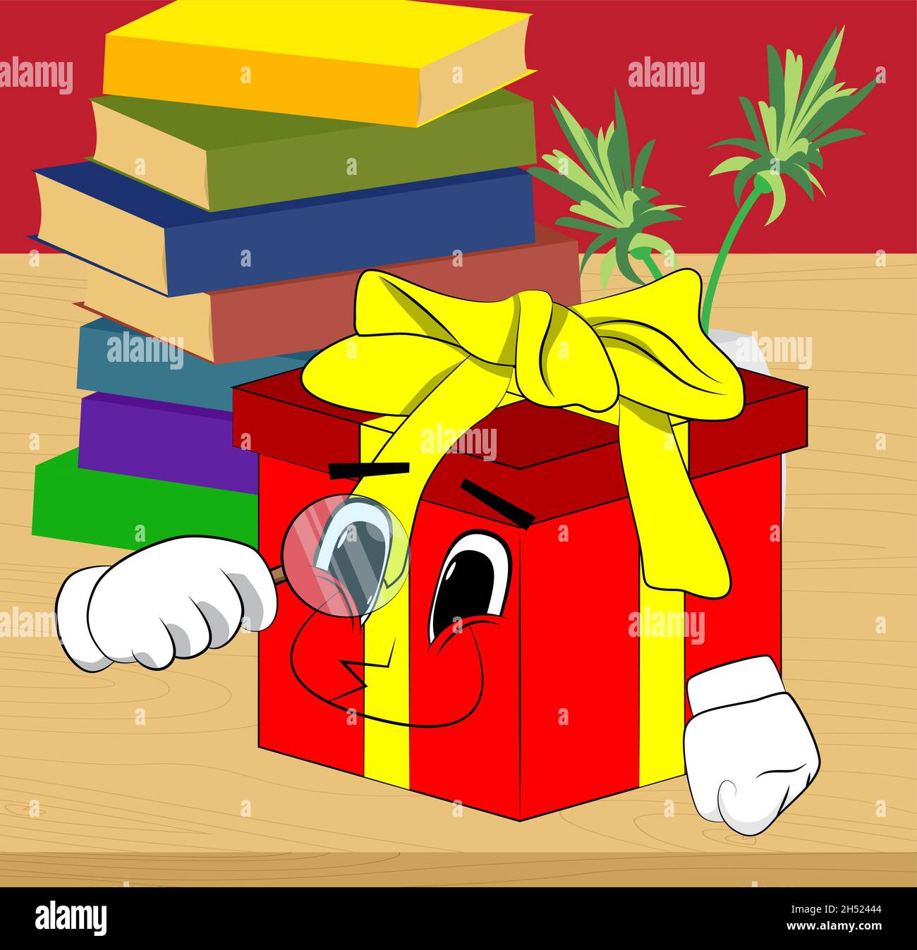 Gift Box with holding a magnifying glass as a cartoon character ...