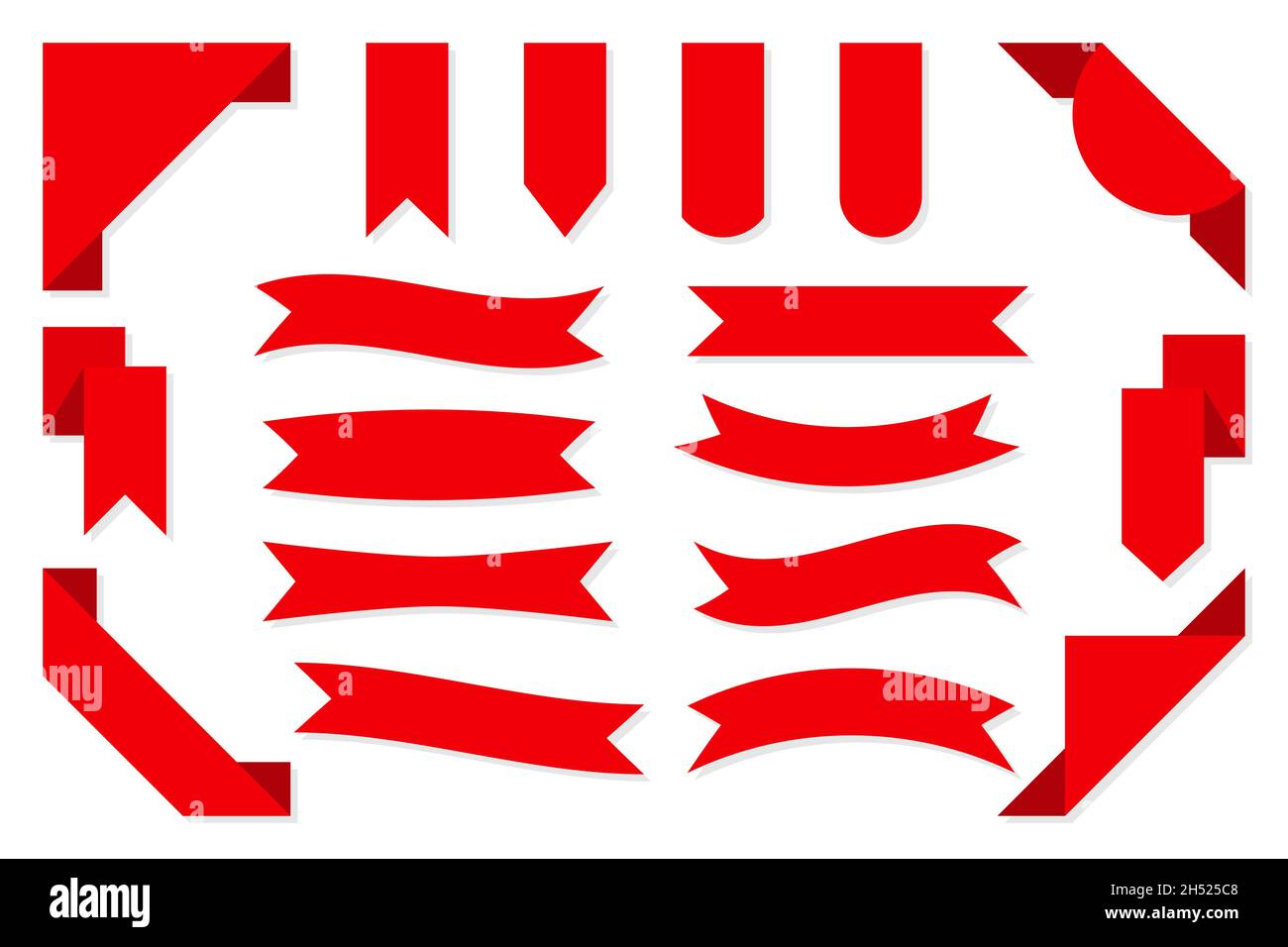 Ribbon red decor corner bookmark mark flat set. Sticky note attention ...