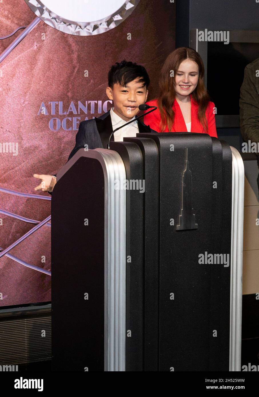 New York, NY - November 5, 2021: Actor Izaac Wang speaks at Empire State Building hosting cast ...