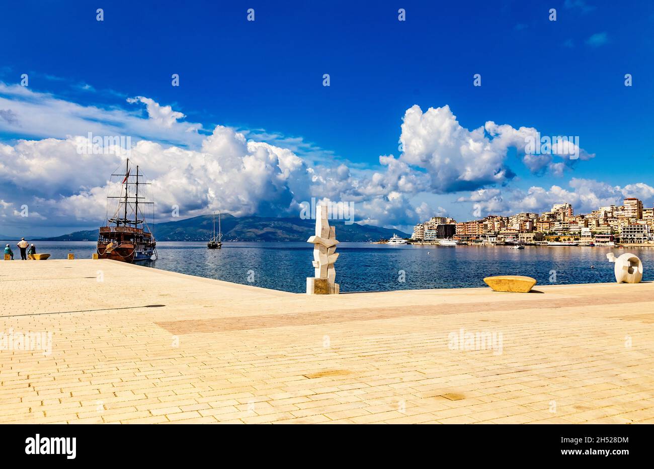 Saranda, Albania - 14 May 2021: Panoramic view of city port and town ...