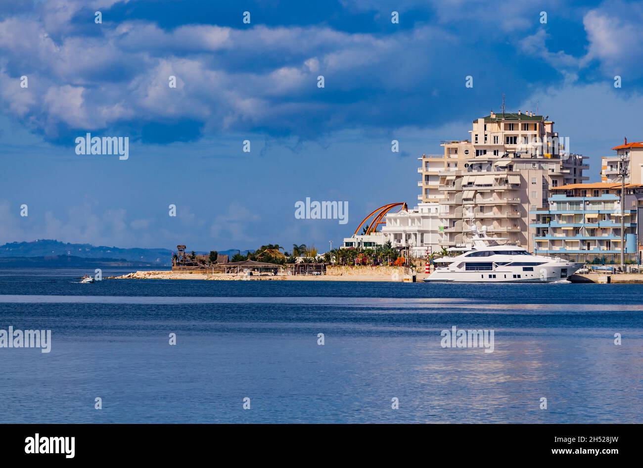 Panoramic view of Saranda bay and town and hotels along the coast ...