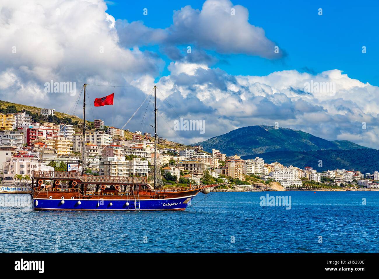 Saranda, Albania - September 2019: Vintage mast wooden sailing ship ...