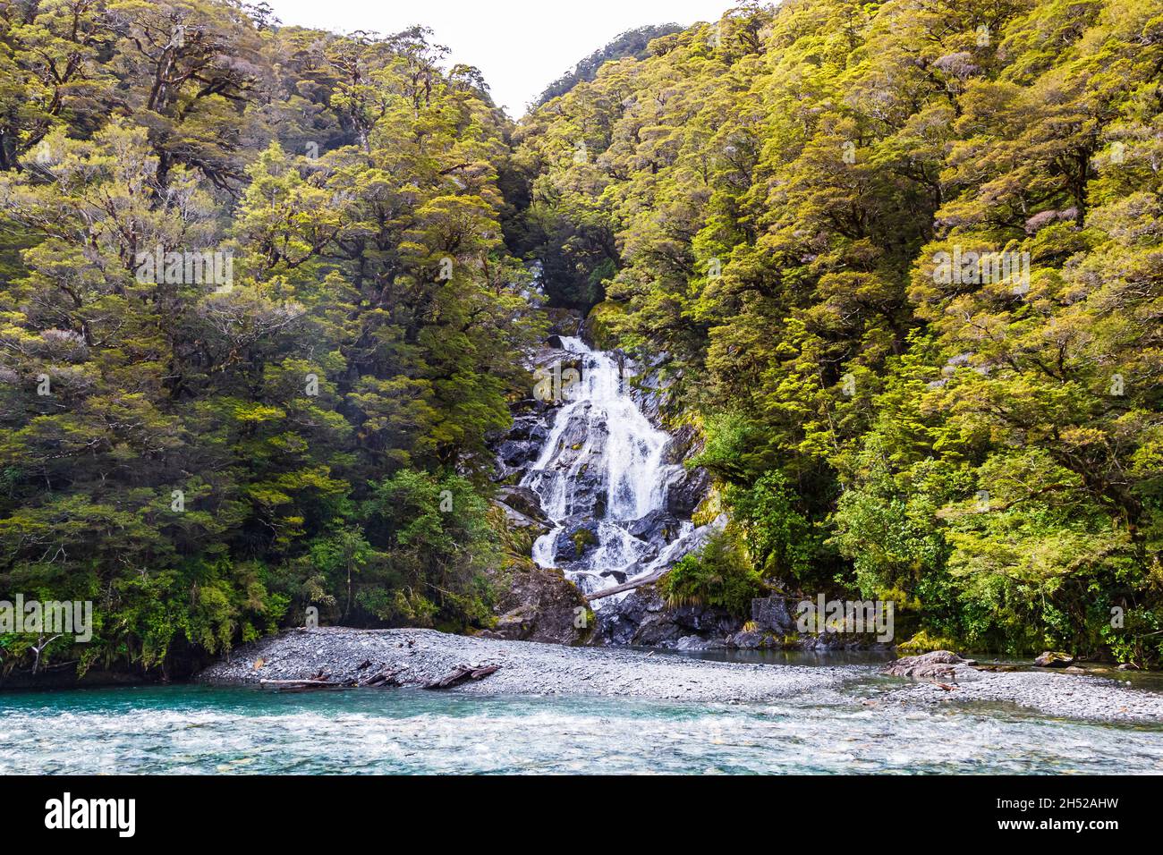 Landscape with waterfall among the greenery. South Island, New Zealand ...
