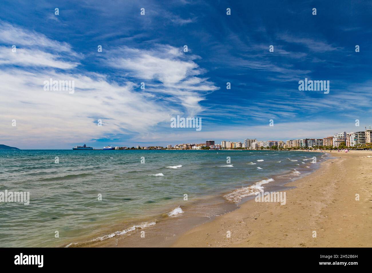 City beach of Vlora resort town, Albania. Summer sunny day. View of the ...