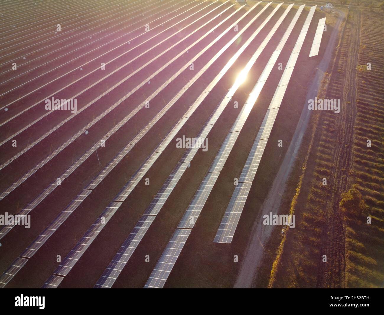 Aerial top view of a solar panels power plant. Photovoltaic solar ...