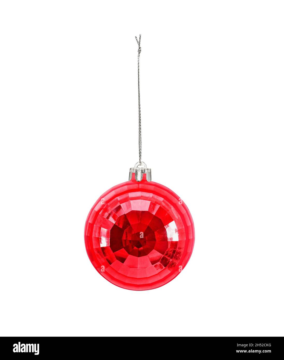 Hanging red christmas bauble with ornament isolated on white background ...
