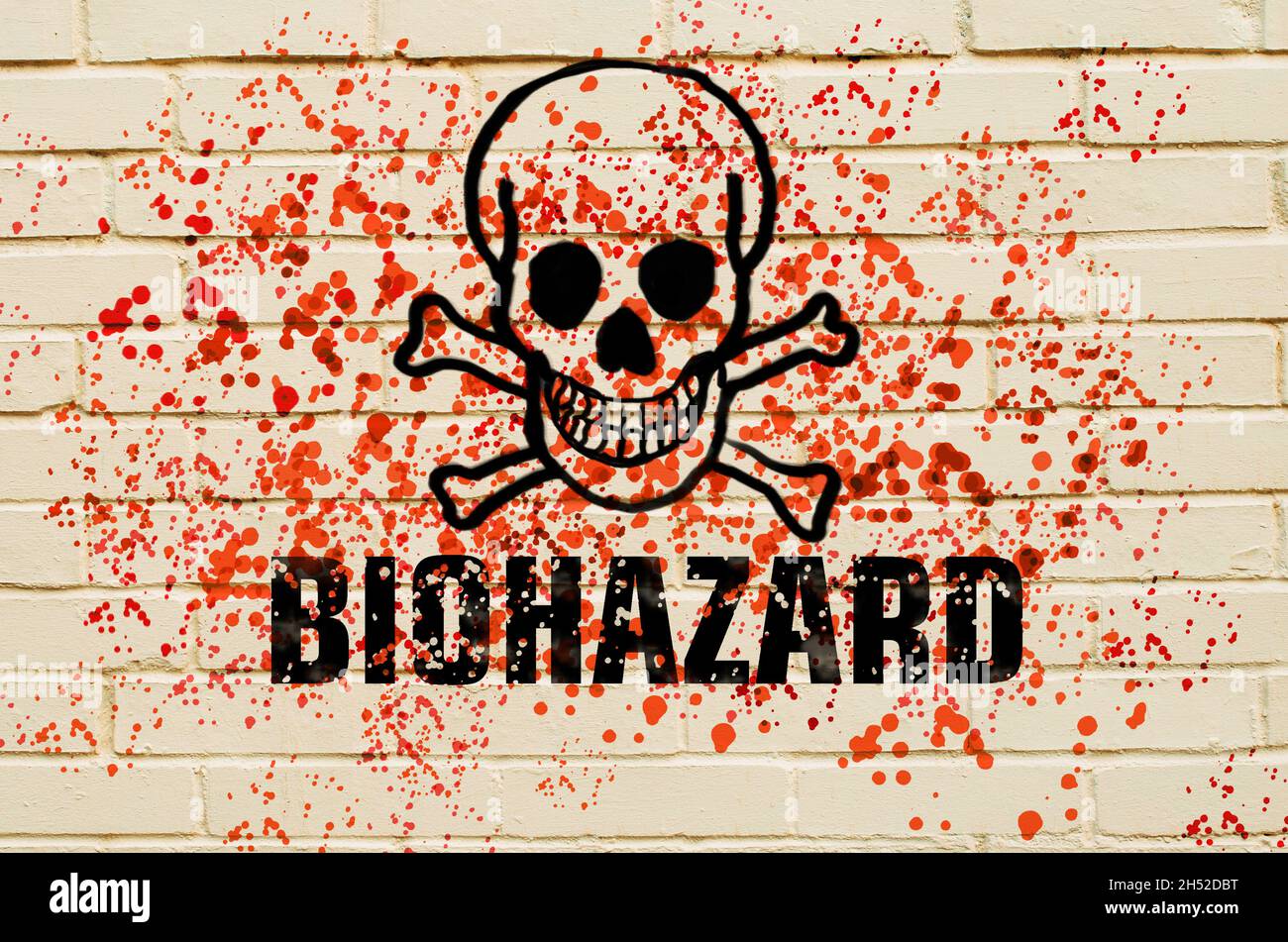 Skull of biological hazard on the wall with red toxic sprays on the ...