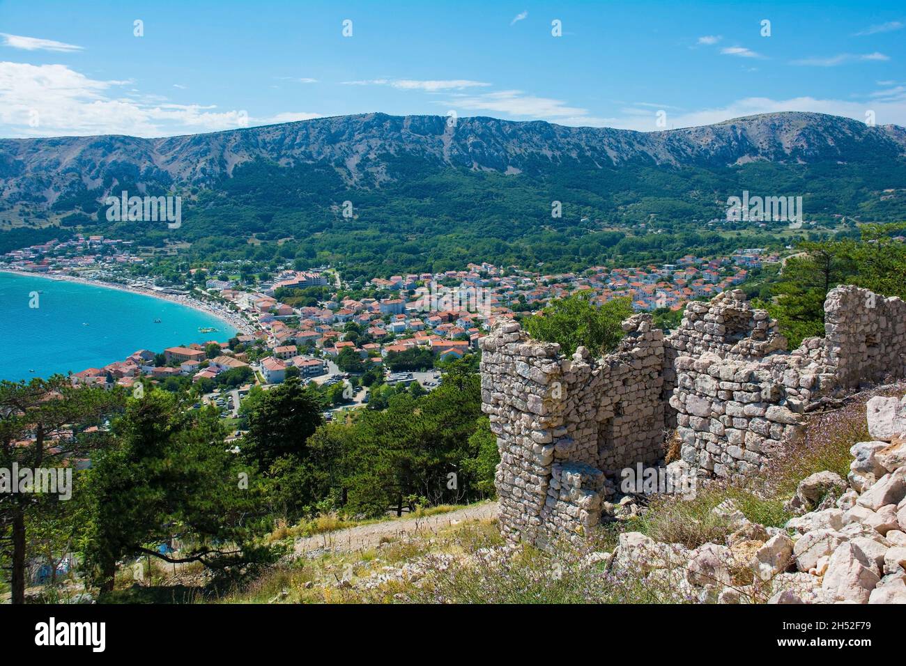 The ruins of the medieval Baska Citadel, Kastel Baska, overlooking the ...
