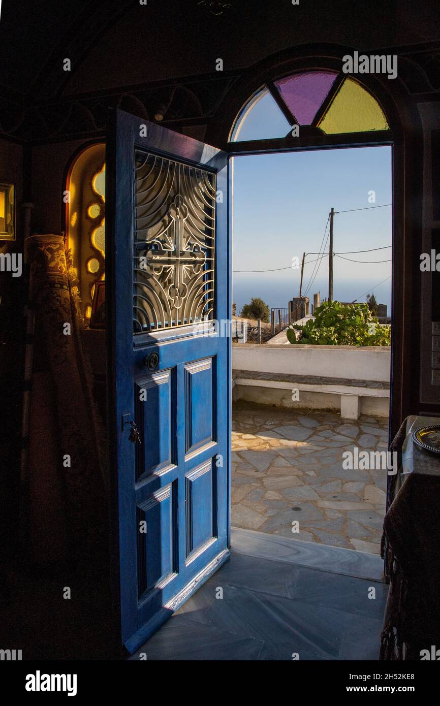Looking out from a small private church in the yard of a house at ...