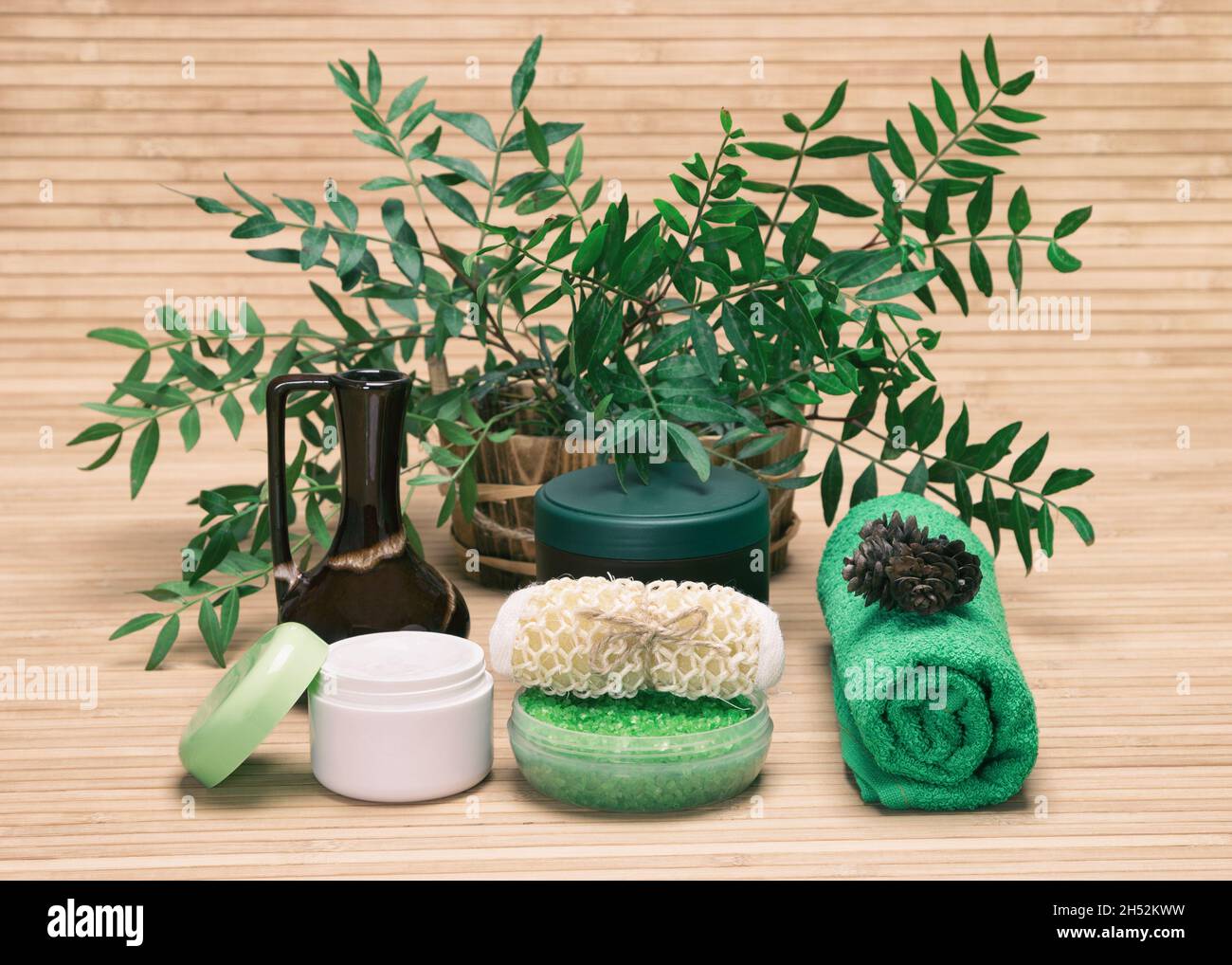 Organic spa cosmetics with green plant branches. Natural cosmetic ...