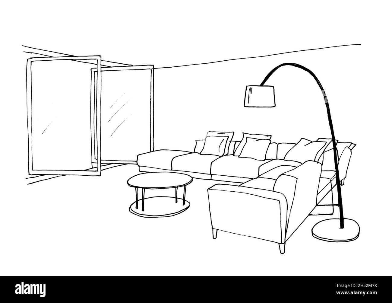 Graphical sketch of an interior room, sofa, table, floor lamp, liner ...