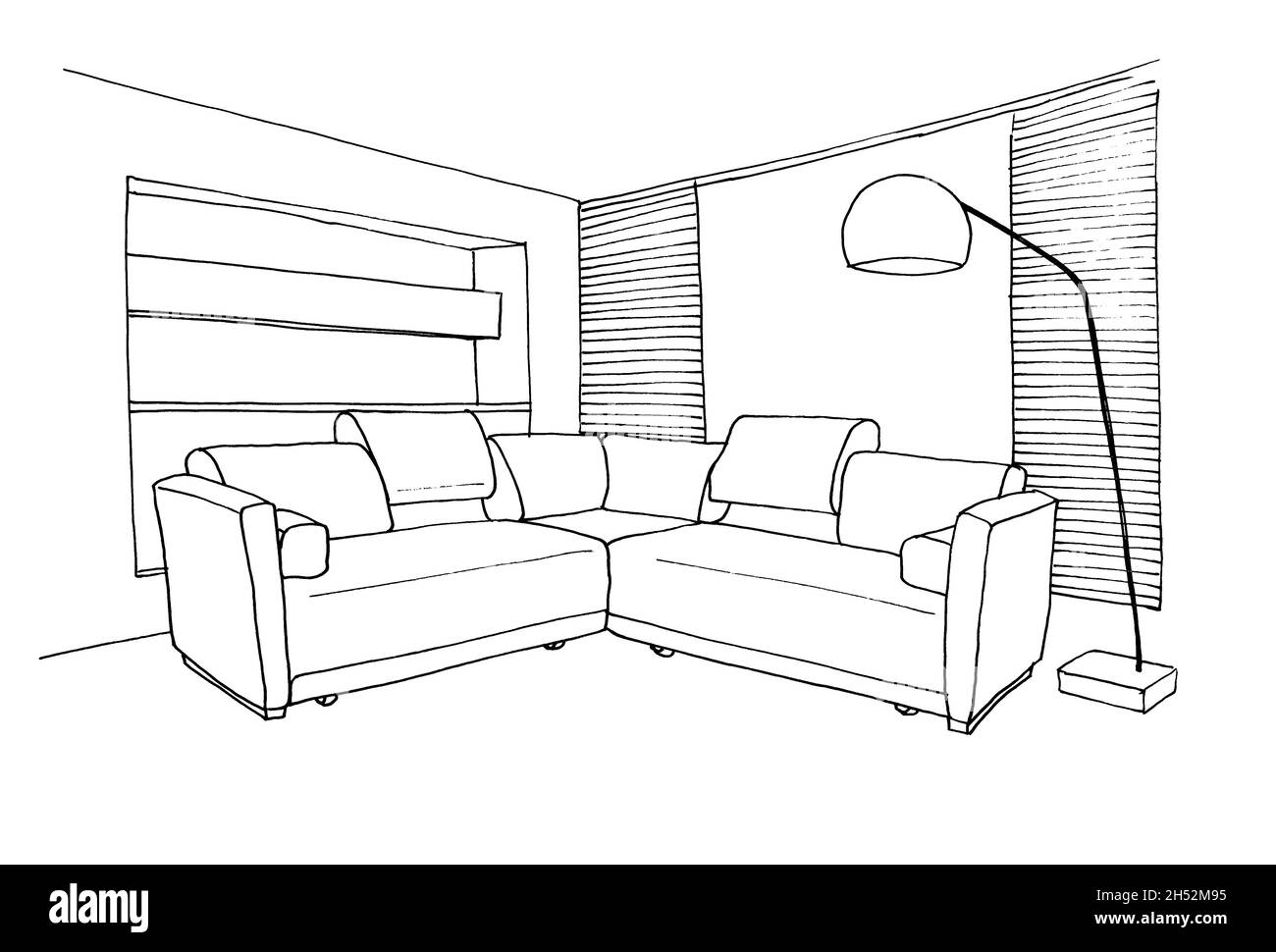 Graphical sketch of an interior room, sofa floor lamp, liner Stock ...