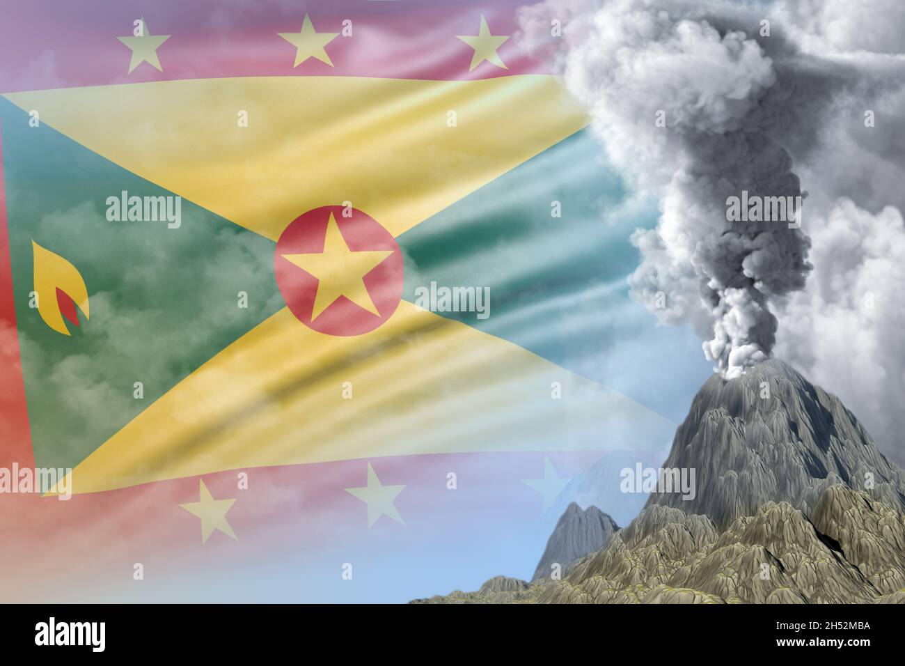 high volcano blast eruption at day time with white smoke on Grenada ...