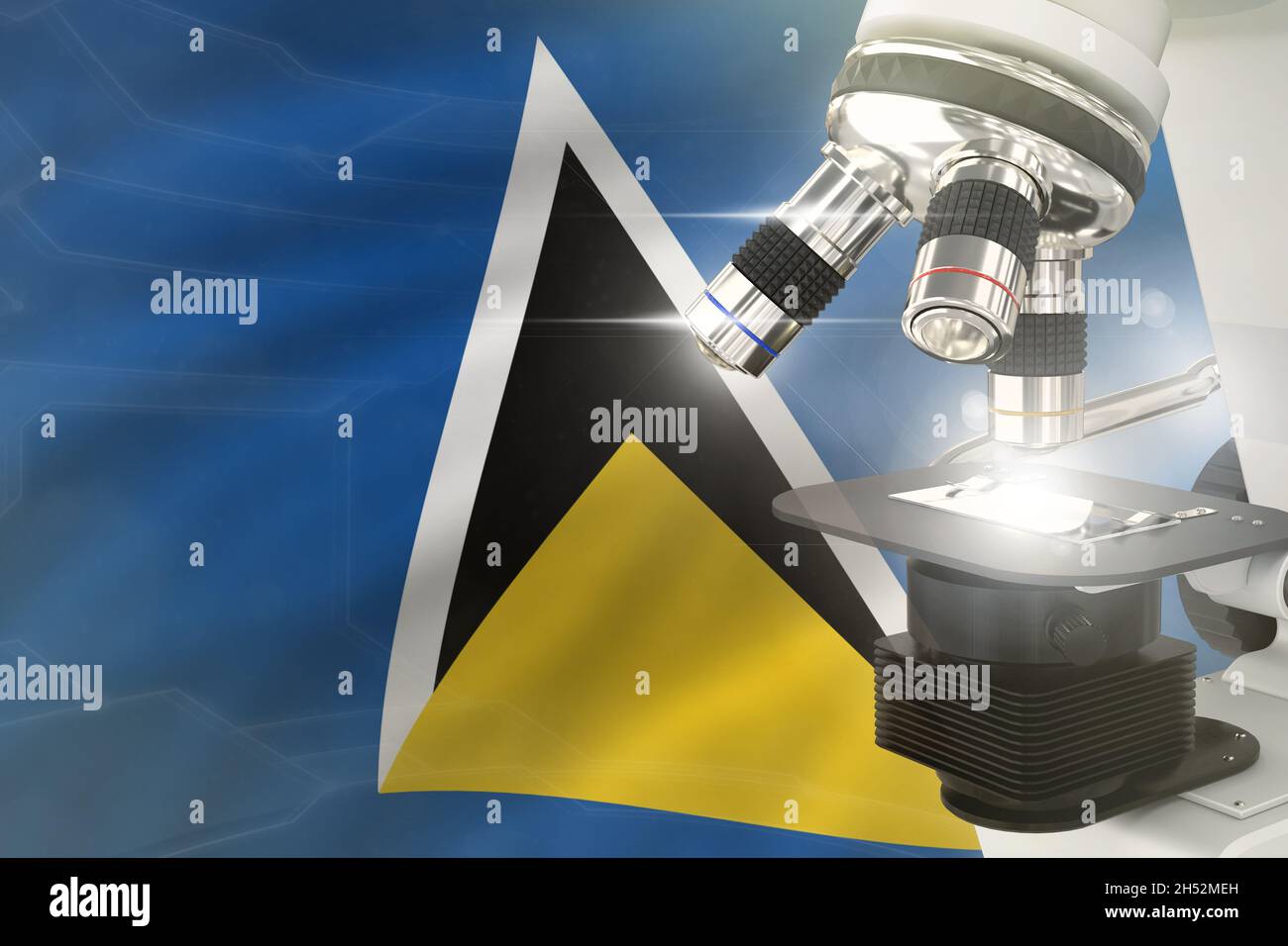 Saint Lucia science development concept - microscope on flag background ...