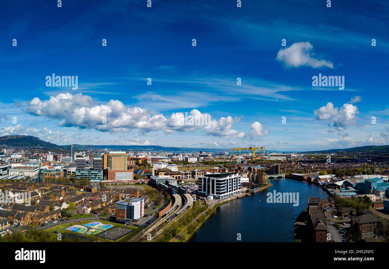 Aerial view over the River Lagan with the city in the background ...