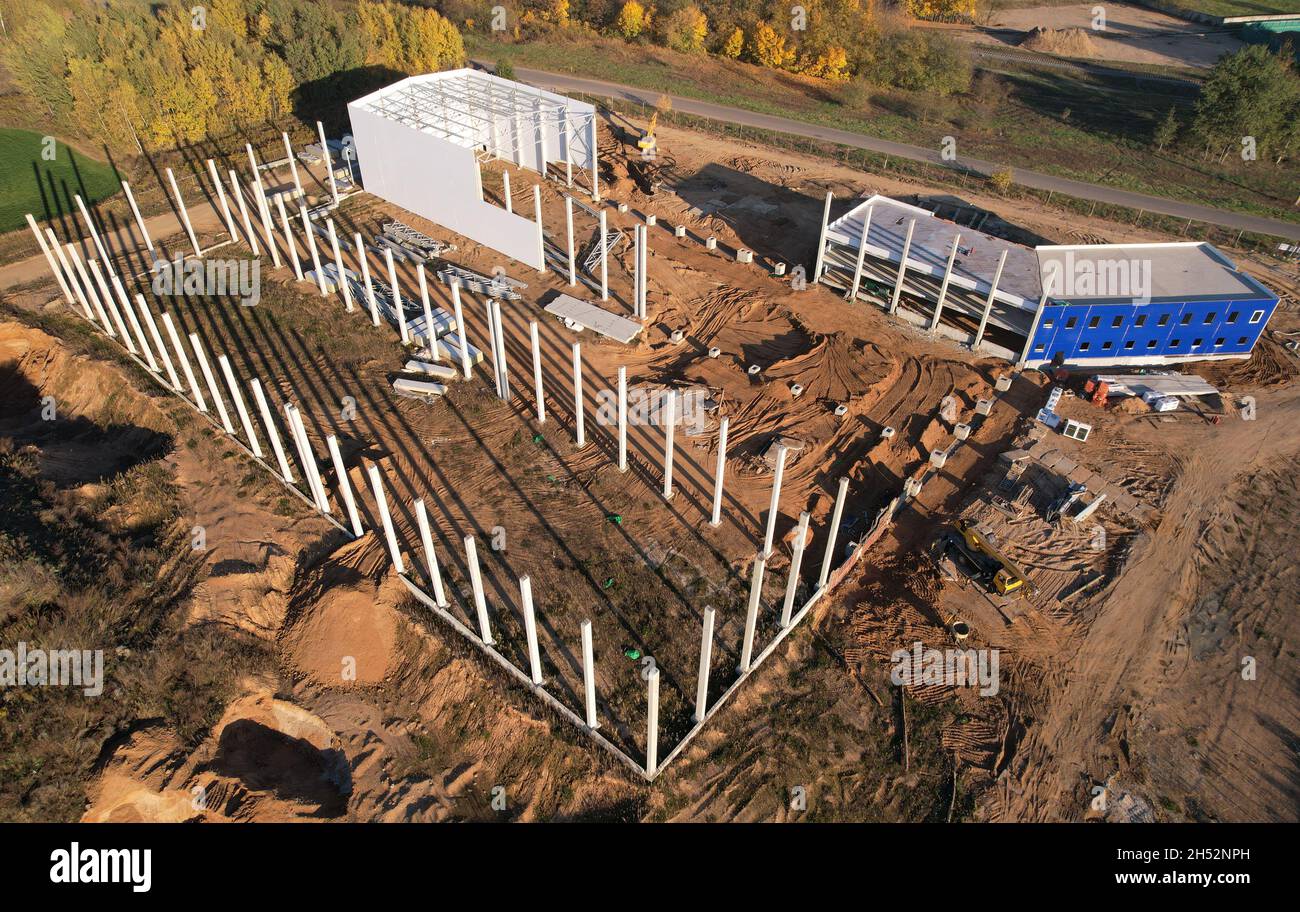 Warehouse Construction from metal structure. Industrial building on ...