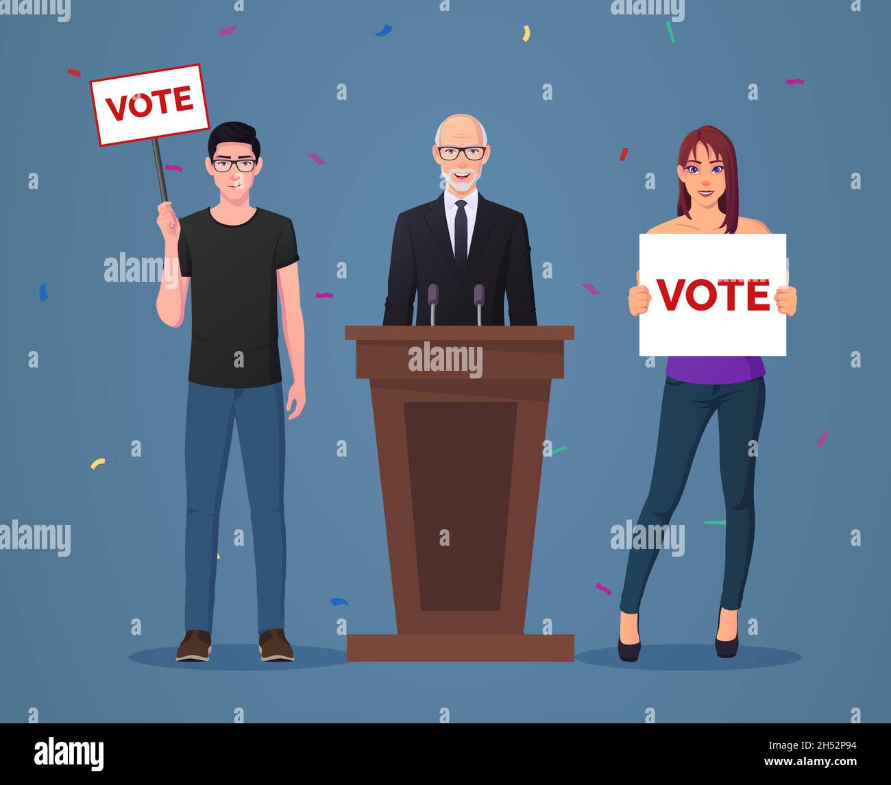 Vote Concept with politician on podium and supporters Premium Vector ...