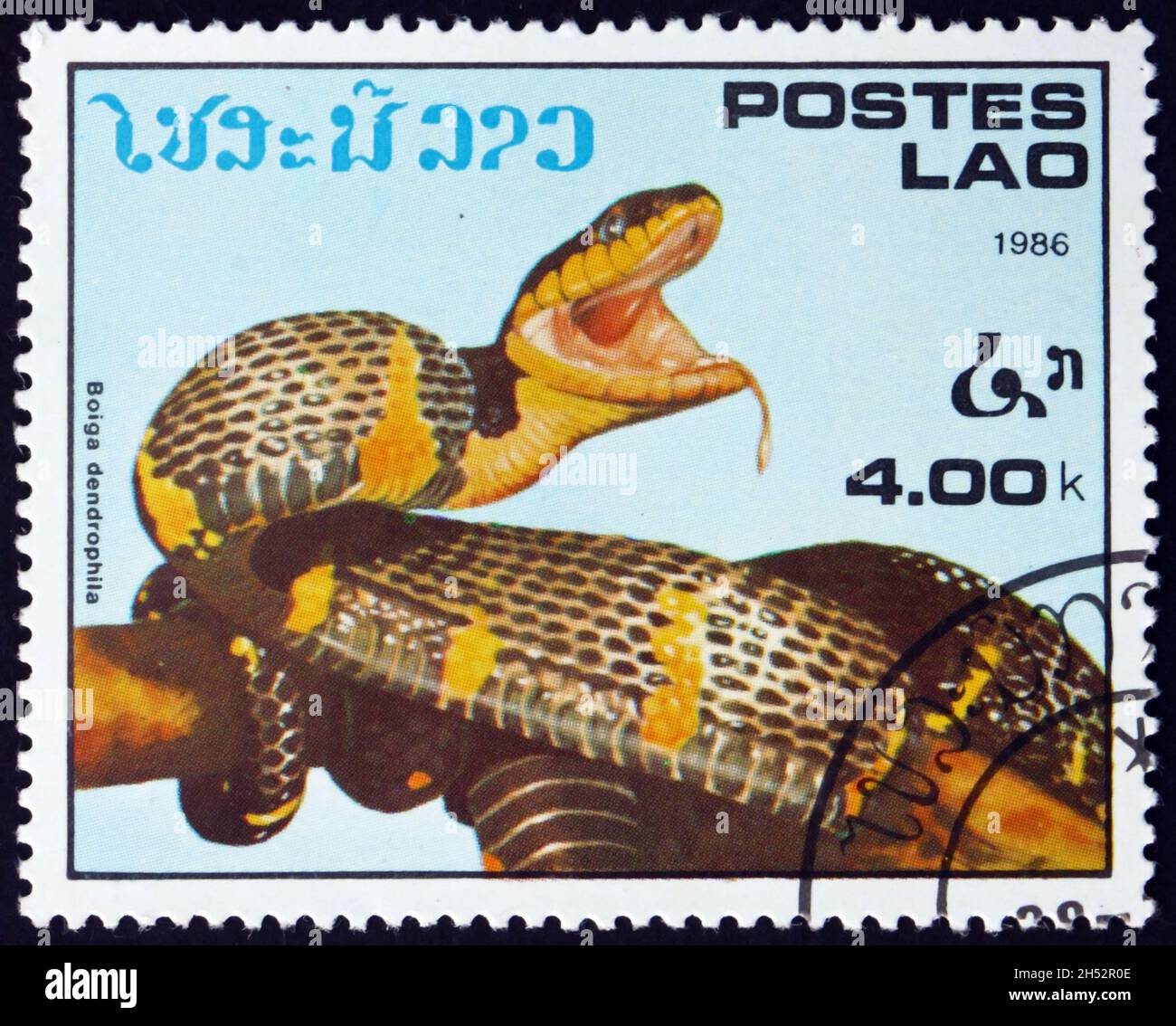 LAOS - CIRCA 1986: a stamp printed in Laos shows mangrove snake, boiga ...