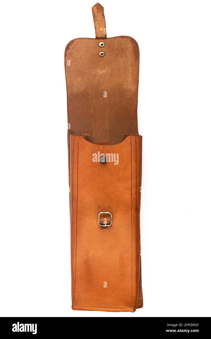 front view closeup of open handmade vintage brown leather satchel pouch ...
