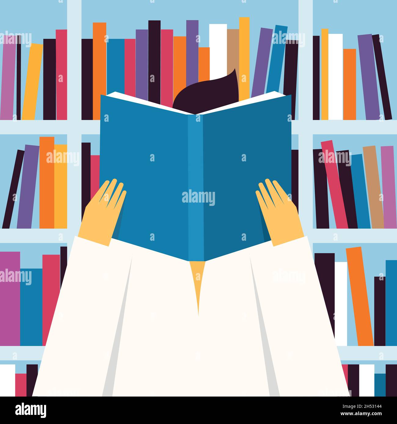 Illustration of a person reading a book in a library Stock Vector Image ...