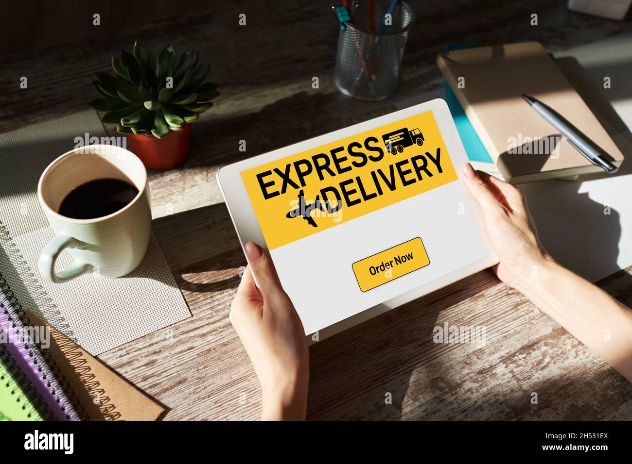 Express delivery form on screen, transportation and logistic concept ...