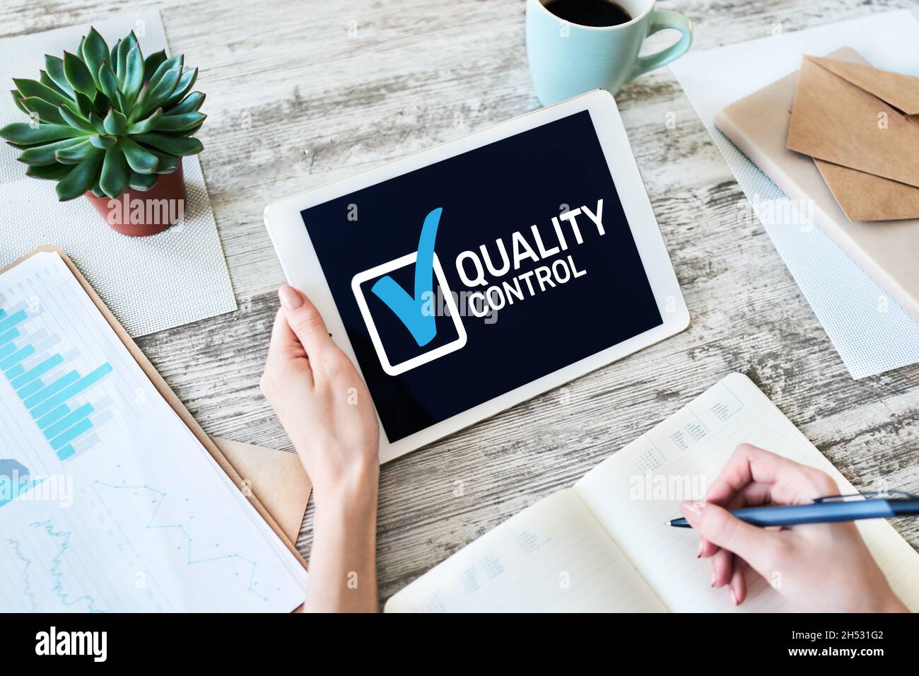 Quality control check box on device screen. Standards and certification ...