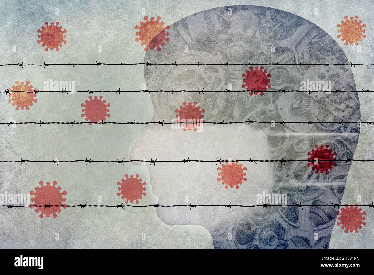 Silhouette of a human head wearing a mask, red colored covid-19 virus ...