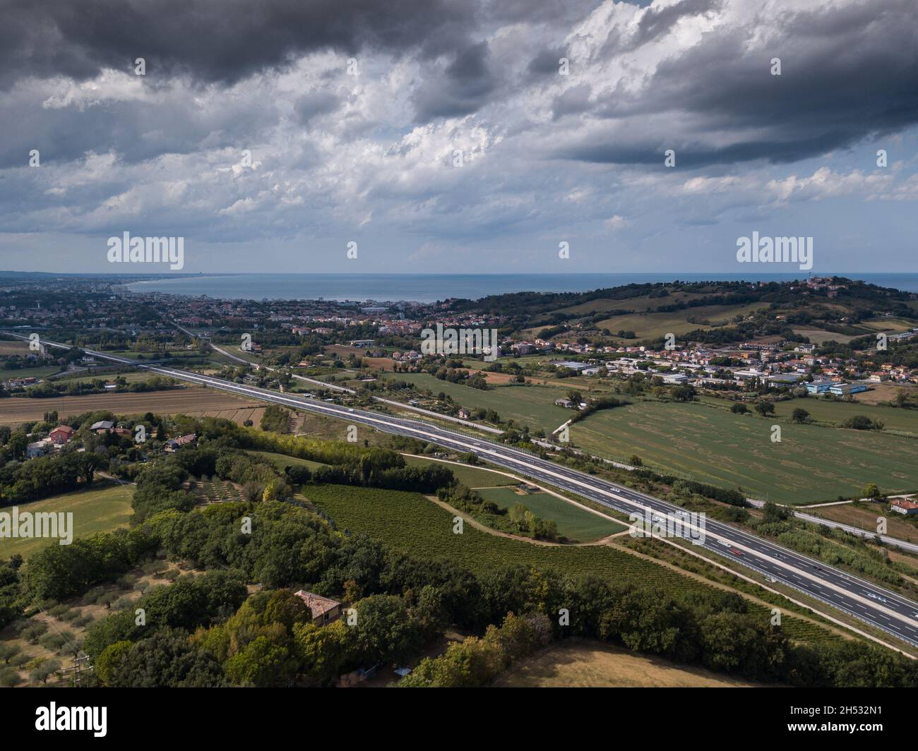 Aerial shot of a small town with stone houses and a cloudy sky Stock ...